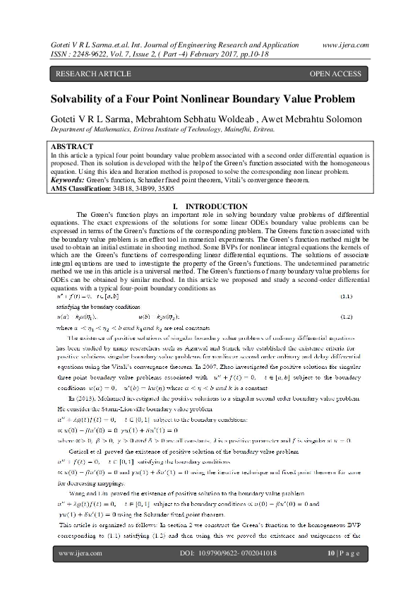 (PDF) Solvability of a Four Point Nonlinear Boundary Value Problem