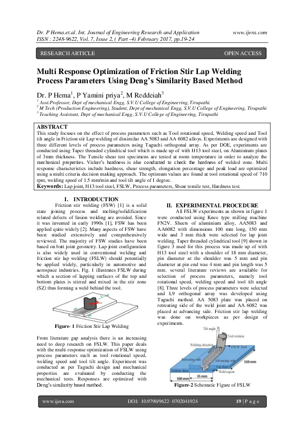 Pdf Multi Response Optimization Of Friction Stir Lap Welding Process Parameters Using Dengs
