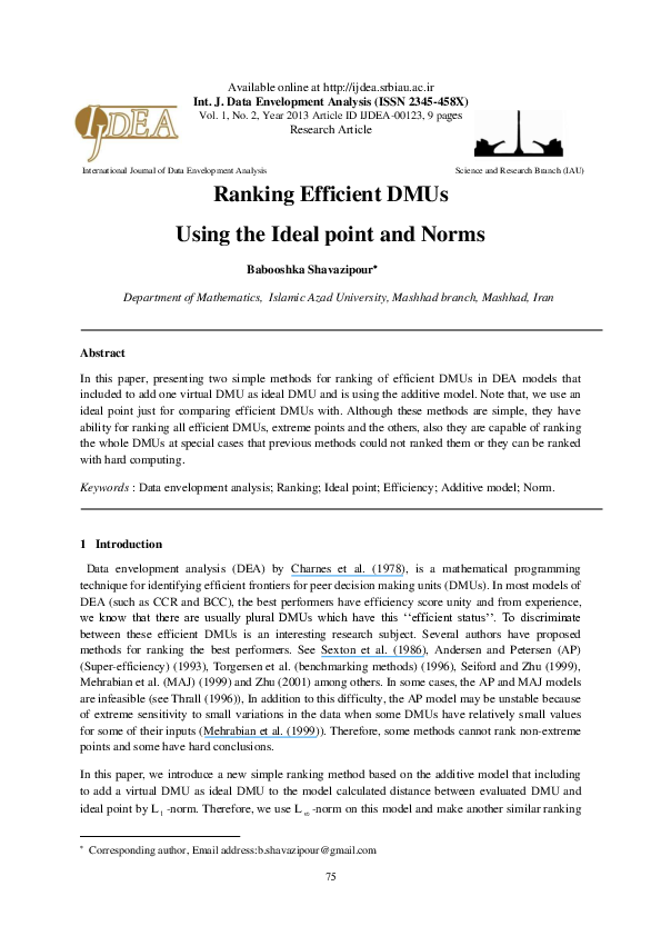 (PDF) Ranking Efficient DMUs Using the Ideal point and Norms