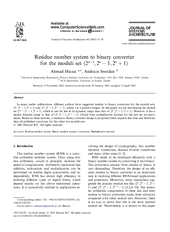 Pdf Residue Number System To Binary Converter For The Moduli Set 2n−12n−12n1