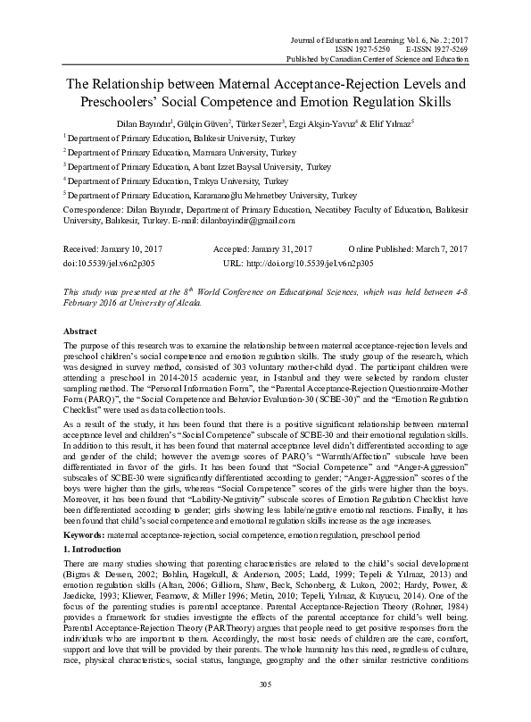 (PDF) The Relationship between Maternal Acceptance-Rejection Levels and ...