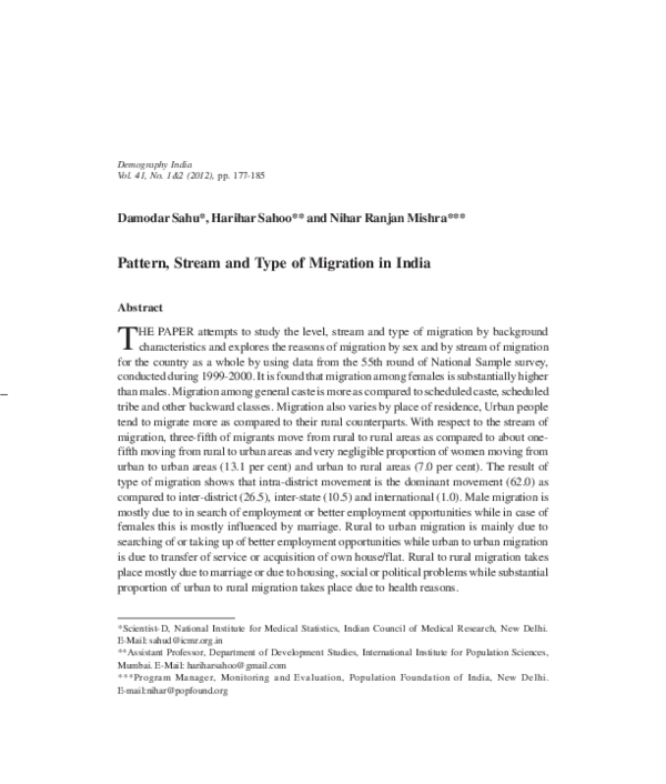 (PDF) Pattern, Stream and Type of Migration in India