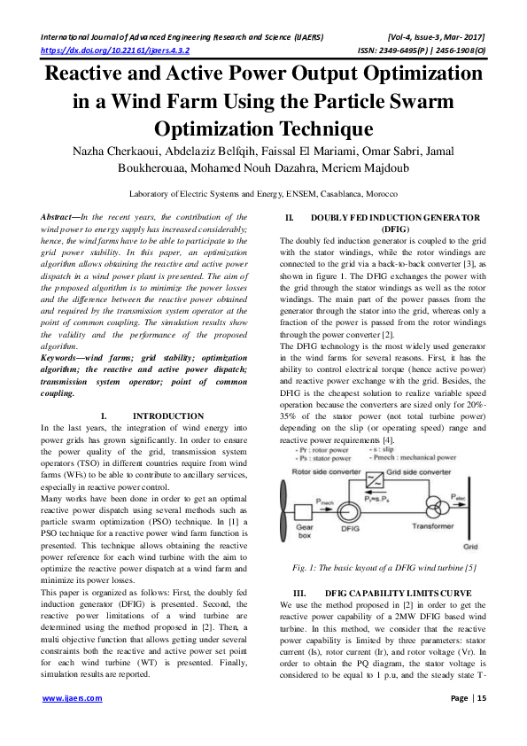 Pdf Reactive And Active Power Output Optimization In A Wind Farm Using The Particle Swarm