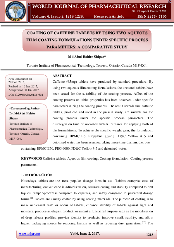 (PDF) COATING OF CAFFEINE TABLETS BY USING TWO AQUEOUS FILM COATING FORMULATIONS UNDER SPECIFIC ...