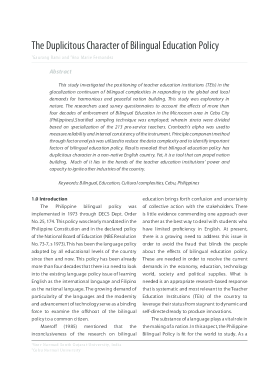 (PDF) The Duplicitous Character of Bilingual Education Policy