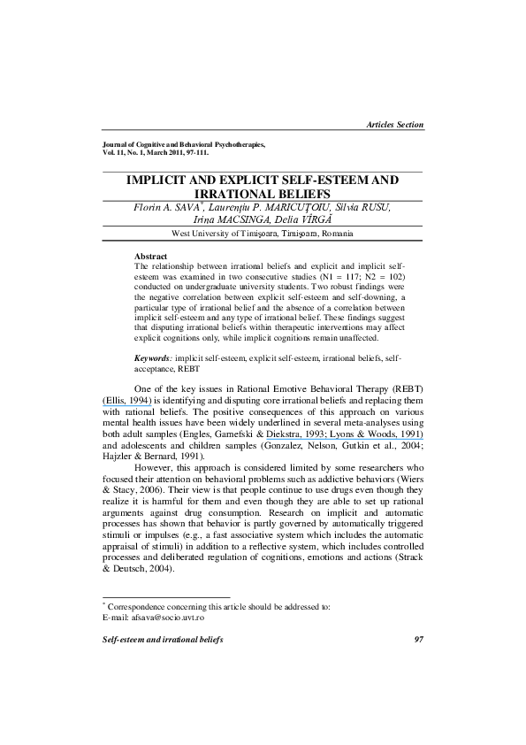 (PDF) Implicit and Explicit Self-Esteem and Irrational Beliefs