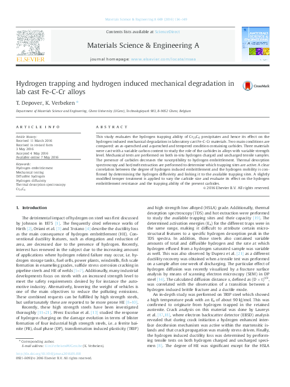 (PDF) Hydrogen trapping and hydrogen induced mechanical degradation in lab cast Fe-C-Cr alloys