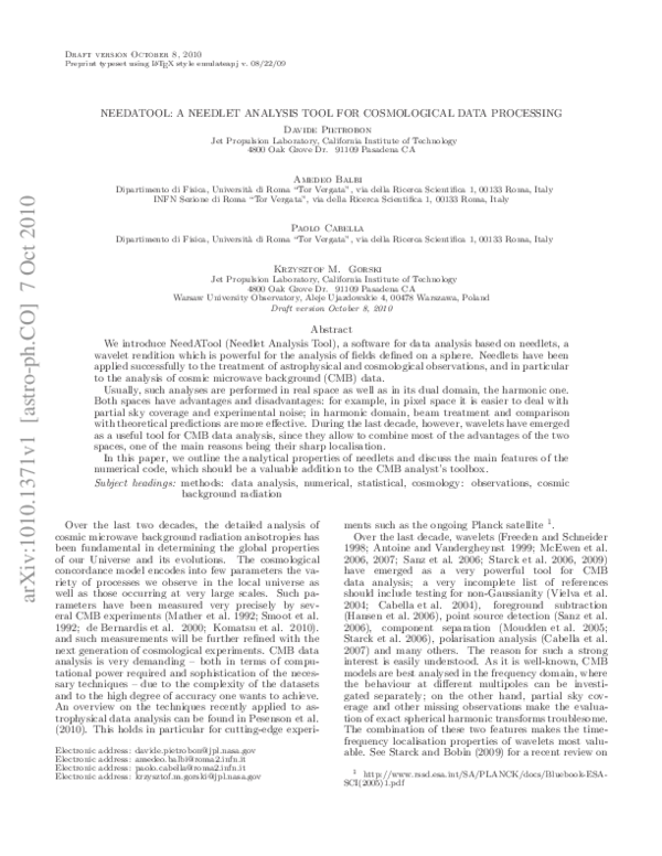 (PDF) NeedATool: A NEEDLET ANALYSIS TOOL FOR COSMOLOGICAL DATA PROCESSING