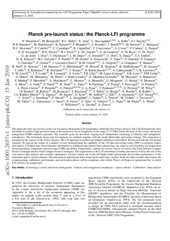 (PDF) Planck pre-launch status: The Planck -LFI programme | Amedeo Balbi - Academia.edu