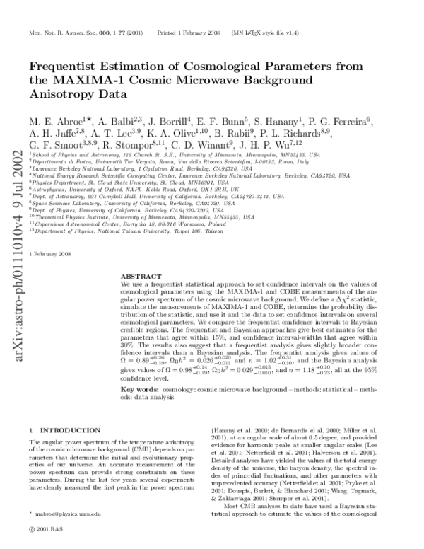 (PDF) Frequentist estimation of cosmological parameters from the MAXIMA-1 cosmic microwave ...