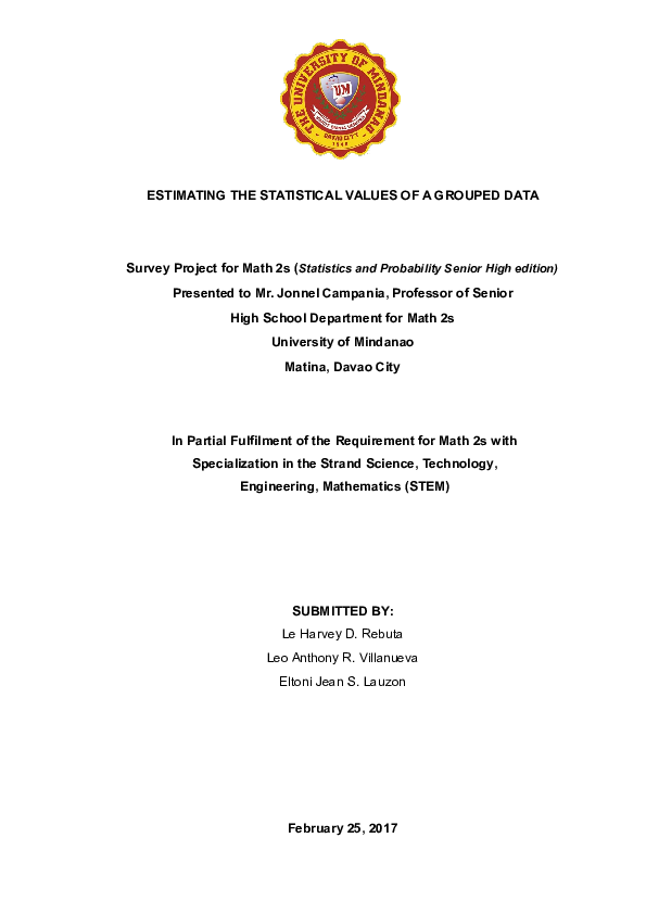 (DOC) ESTIMATING THE STATISTICAL VALUES OF A GROUPED DATA Survey ...