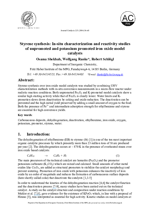 (PDF) Styrene synthesis: in situ characterization and reactivity ...
