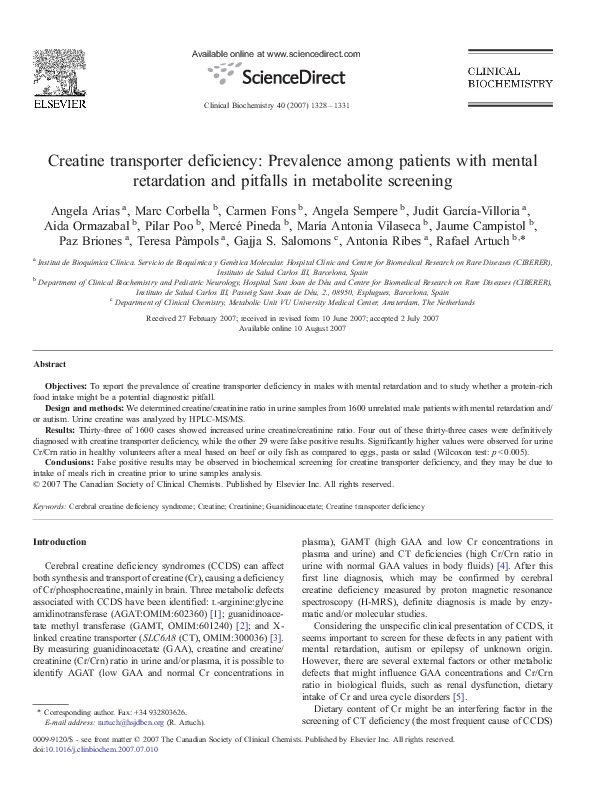(PDF) Creatine transporter deficiency: Prevalence among patients with ...