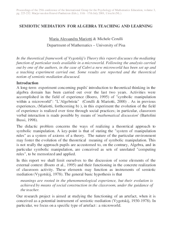 (PDF) Semiotic mediation for algebra teaching and learning