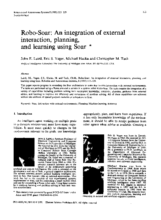 (PDF) Robo-Soar: An integration of external interaction, planning, and learning using Soar