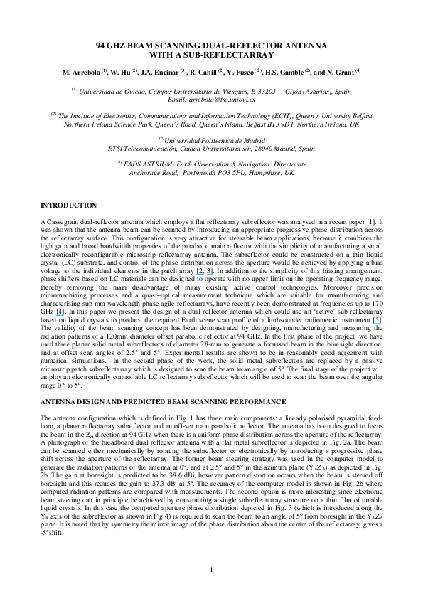 (PDF) 94 GHz Beam Scanning Dual-Reflector Antenna with a Sub-Reflectarray