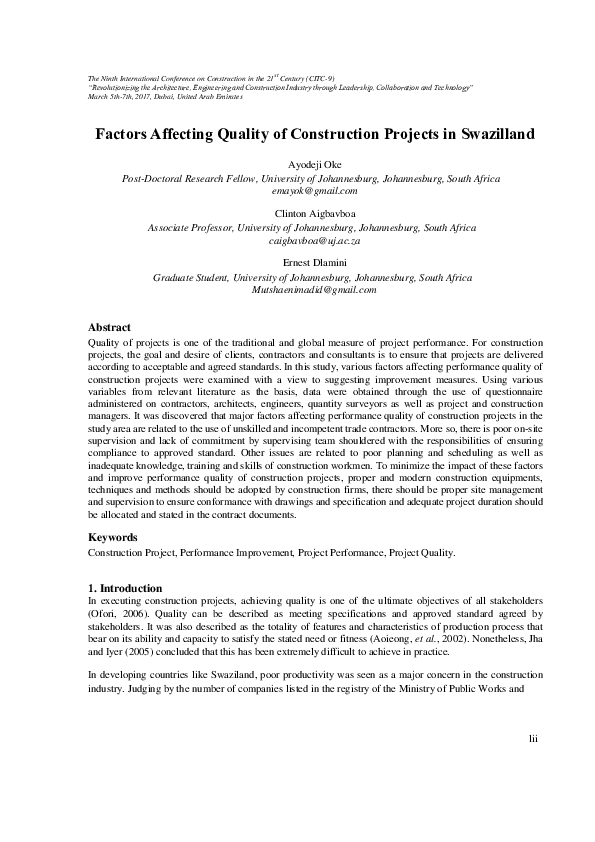 (PDF) Factors Affecting Quality of Construction Projects in Swazilland