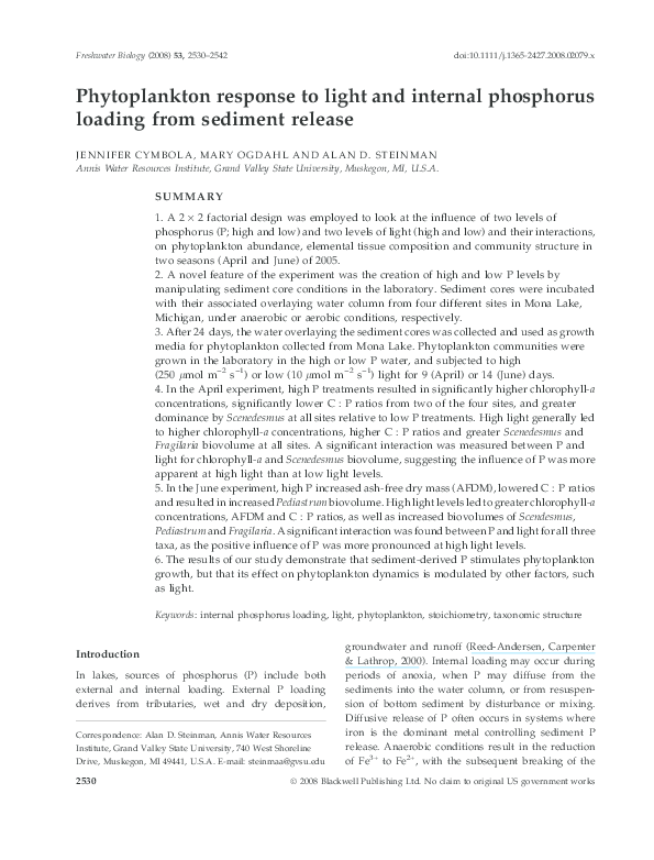 (PDF) Phytoplankton response to light and internal phosphorus loading from sediment release