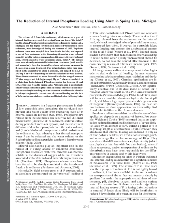 (PDF) The Reduction of Internal Phosphorus Loading Using Alum in Spring ...