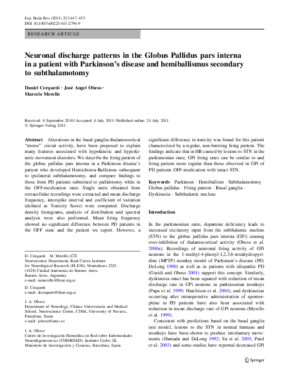 (PDF) Neuronal discharge patterns in the Globus Pallidus pars interna ...