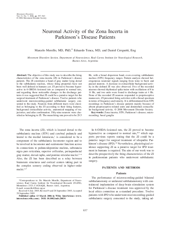 (PDF) Neuronal activity of the zona incerta in Parkinson's disease patients