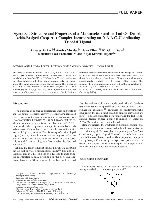 (PDF) Synthesis, Structure and Properties of a Mononuclear and an End-On Double Azido-Bridged ...
