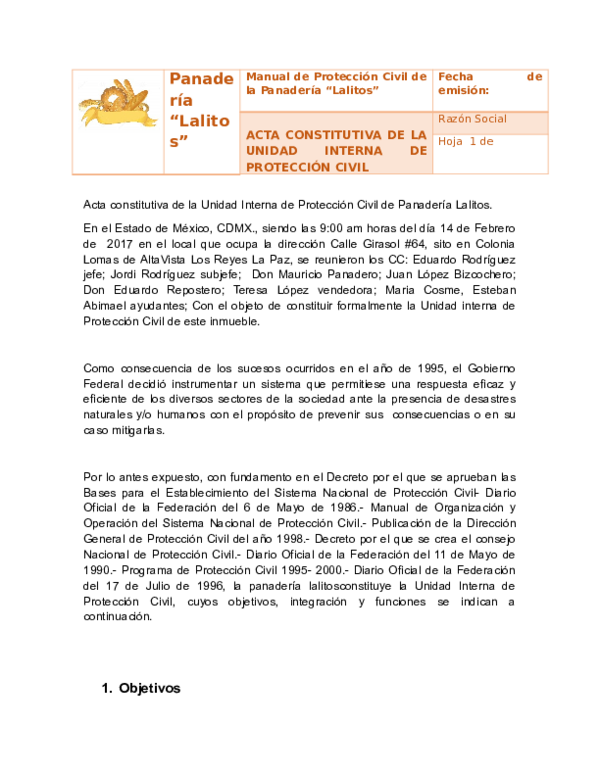 (DOC) Panadería " Lalitos " ACTA CONSTITUTIVA DE LA UNIDAD INTERNA DE PROTECCIÓN CIVIL