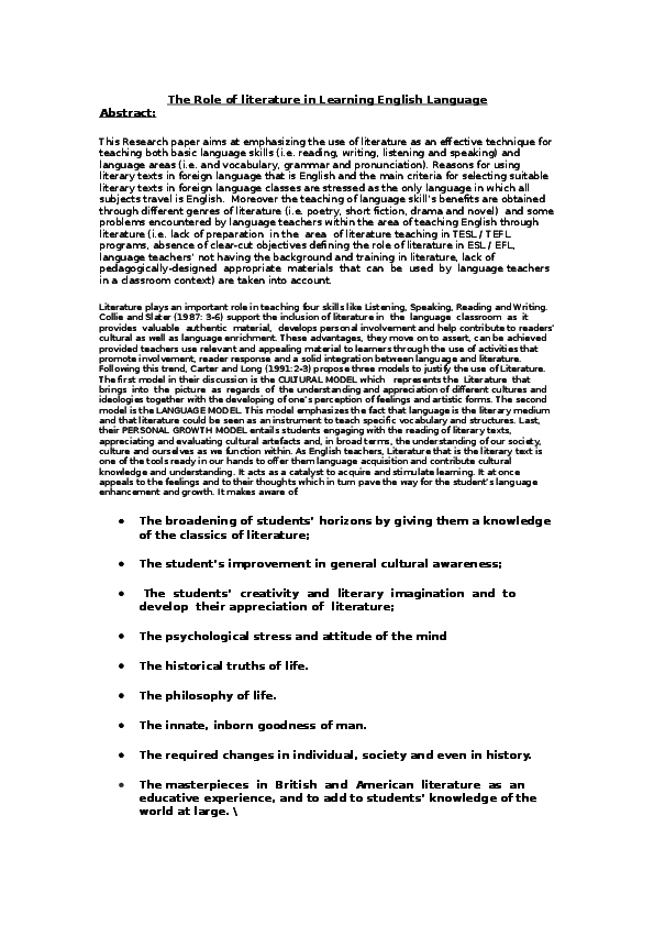 (DOC) The Role of literature in Learning English Language