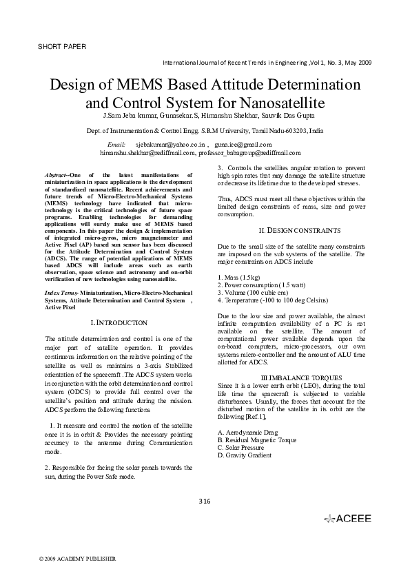 (PDF) Design of MEMS Based Attitude Determination and Control System for Nanosatellite