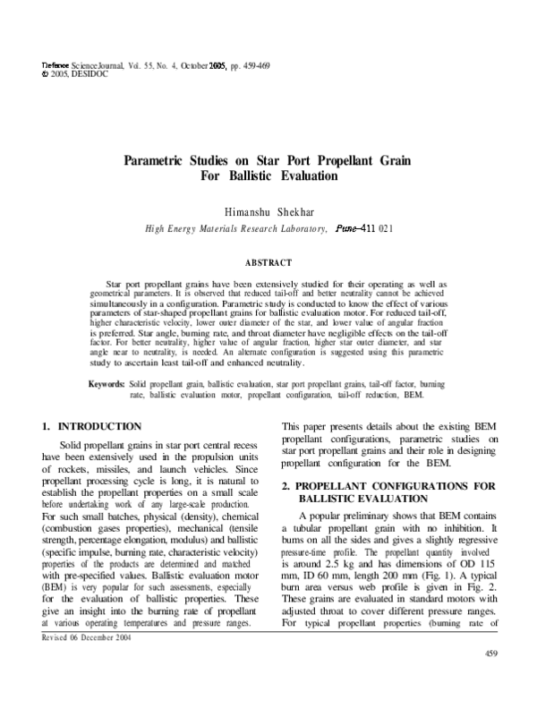 (PDF) Parametric Studies on Star Port Propellant Grain For Ballistic ...