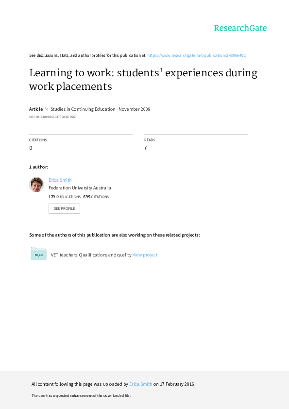 (PDF) Learning to work: students' experiences during work placements