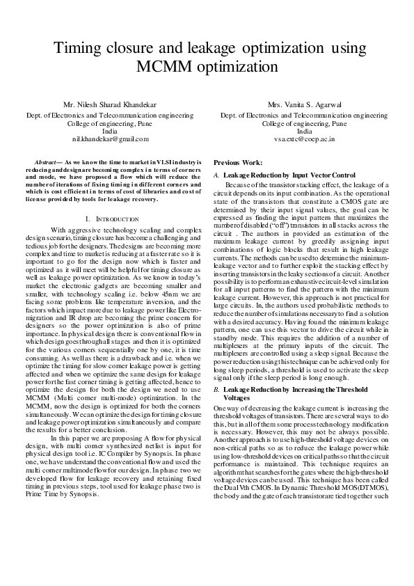 Timing Closure And Leakage Optimization Using Mcmm Optimization Vanita Agarwal