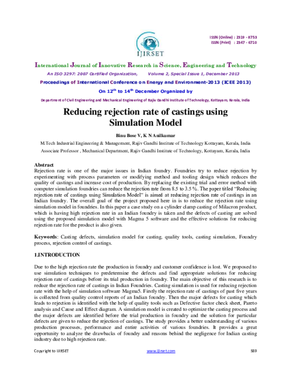 Pdf Reducing Rejection Rate Of Castings Using Simulation Model