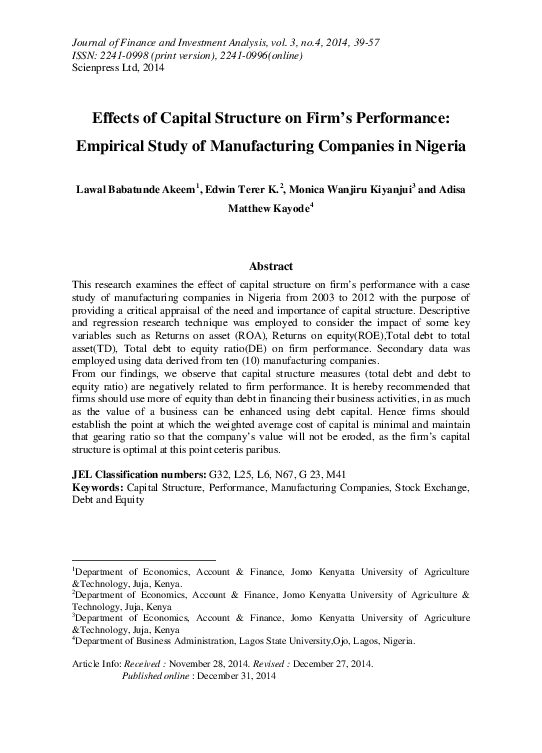 (PDF) Effects of Capital Structure on Firm's Performance: Empirical ...