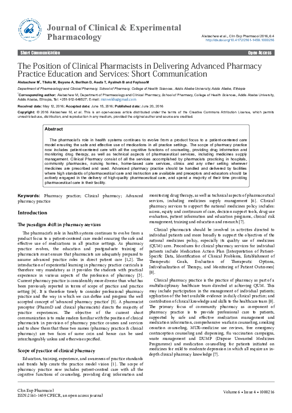 (PDF) The Position of Clinical Pharmacists in Delivering Advanced ...