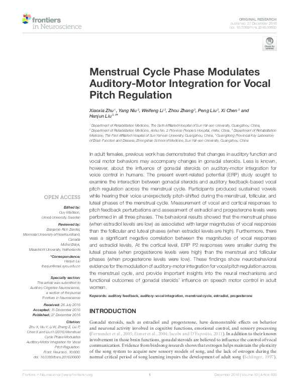 (PDF) Menstrual Cycle Phase Modulates Auditory-Motor Integration for ...