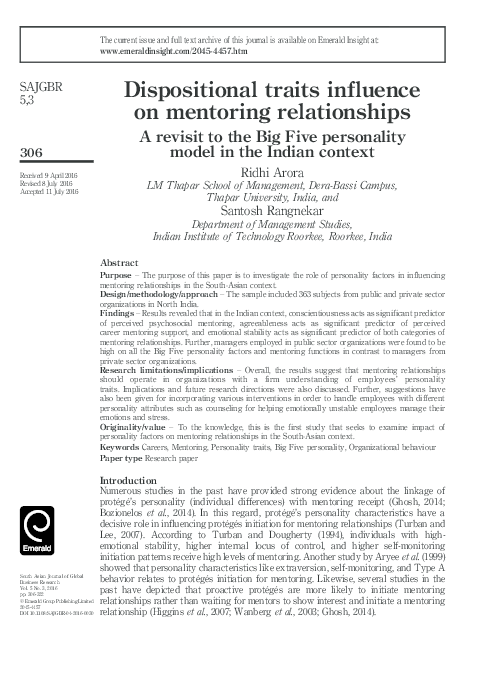 (PDF) Dispositional traits influence on mentoring relationships A ...