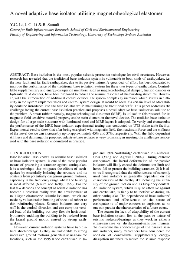 (PDF) A novel adaptive base isolator utilising magnetorheological elastomer