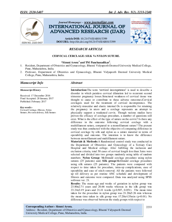 (PDF) CERVICAL CERCLAGE: SILK Vs NYLON SUTURE