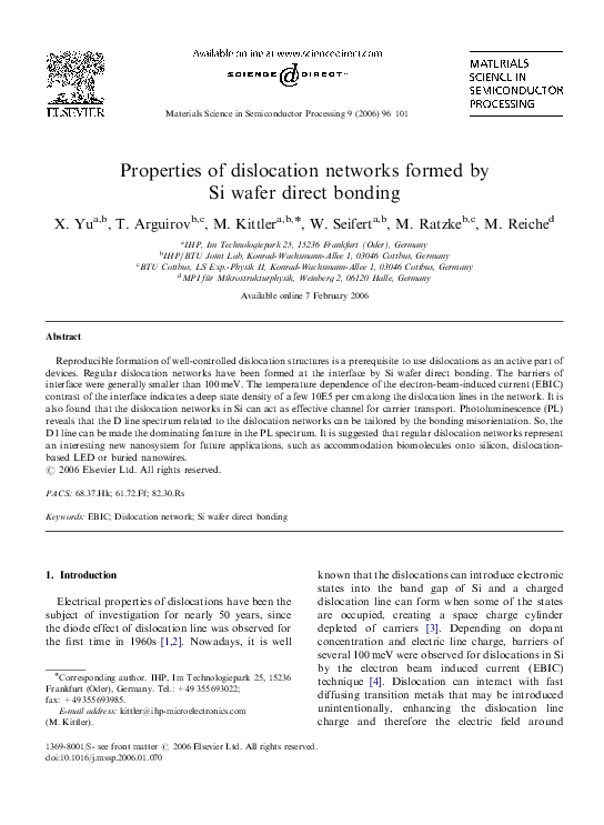 (PDF) Properties of dislocation networks formed by Si wafer direct bonding