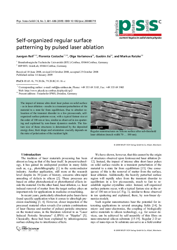 (PDF) Self-organized regular surface patterning by pulsed laser ablation