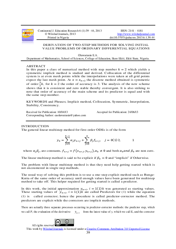 Pdf Derivation Of Two Step Methods For Solving Initial Value Problems Of Ordinary Differential