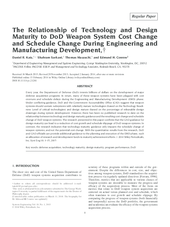(PDF) The Relationship of Technology and Design Maturity to DoD Weapon ...