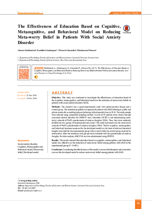 (PDF) The Effectiveness of Education Based on Cognitive, Metacognitive, and Behavioral Model on ...