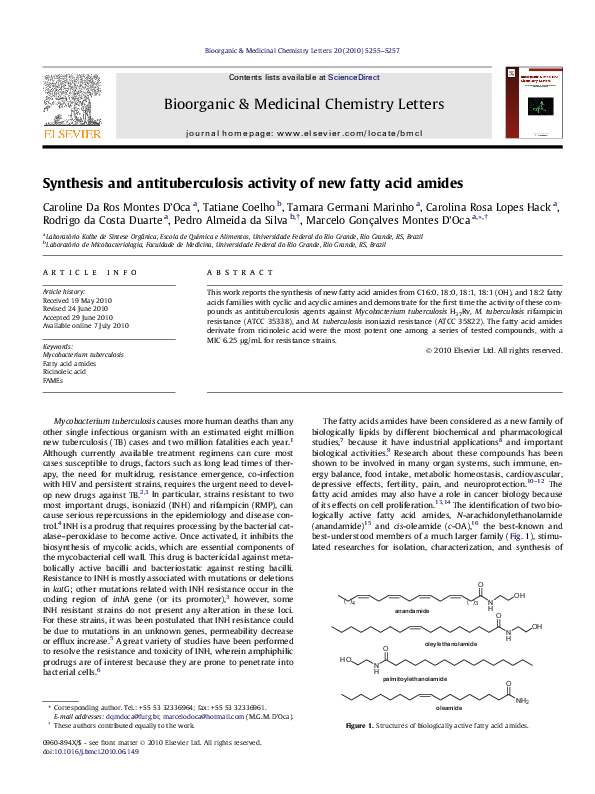 (PDF) Synthesis and antituberculosis activity of new fatty acid amides