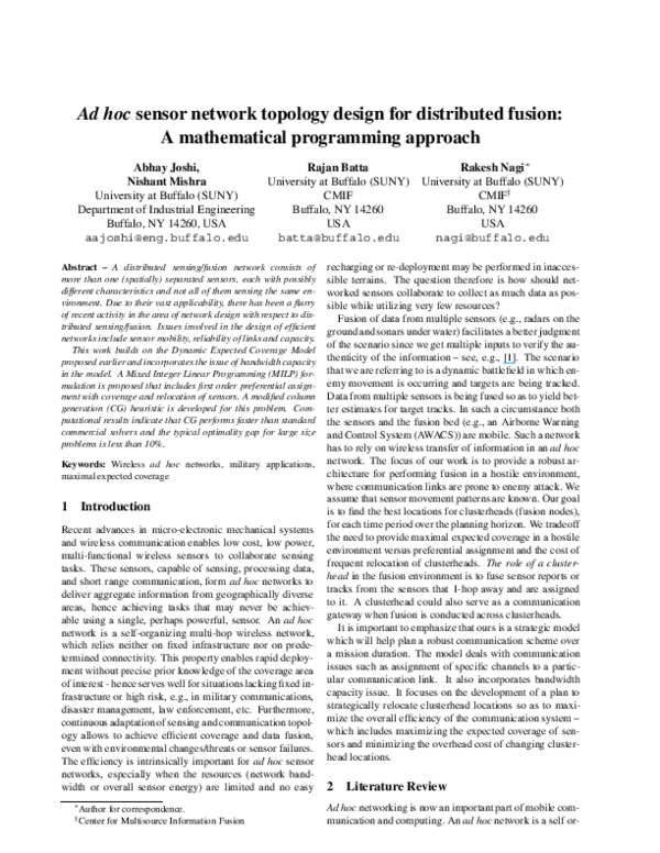 Pdf Ad Hoc Sensor Network Topology Design For Distributed Fusion A