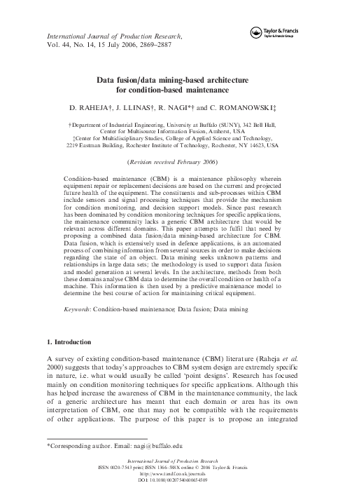 Pdf Data Fusiondata Mining Based Architecture For Condition Based Maintenance
