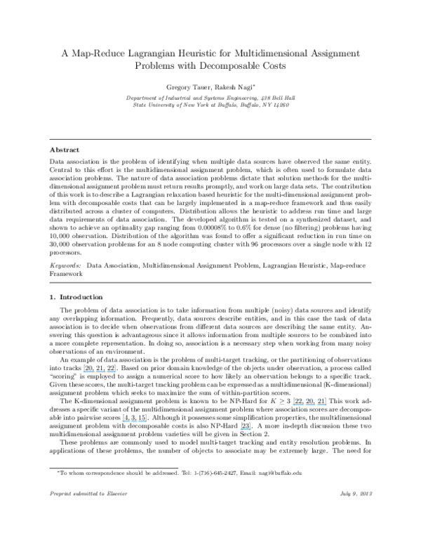Pdf A Map Reduce Lagrangian Heuristic For Multidimensional Assignment Problems With