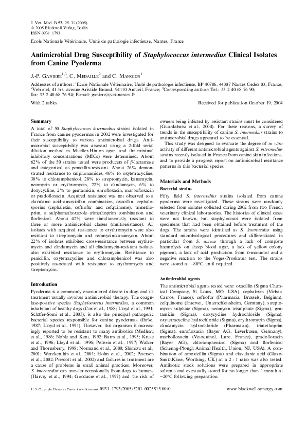 (PDF) Antimicrobial Drug Susceptibility of Staphylococcus intermedius ...