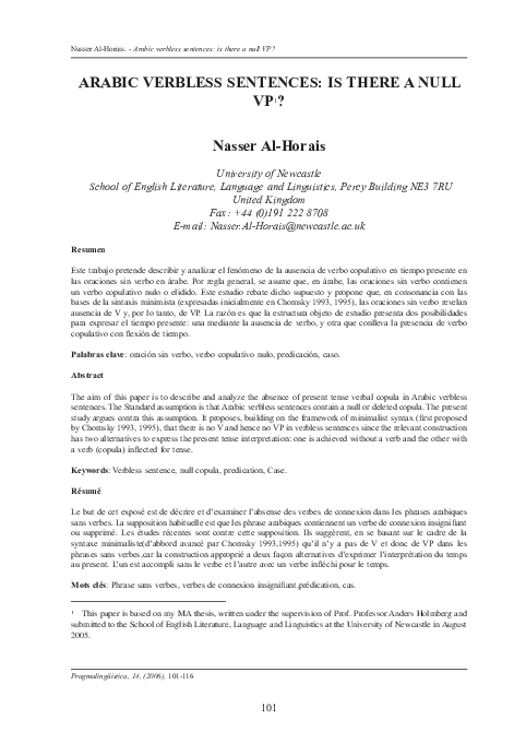 (PDF) Arabic verbless sentences is there a null VP?